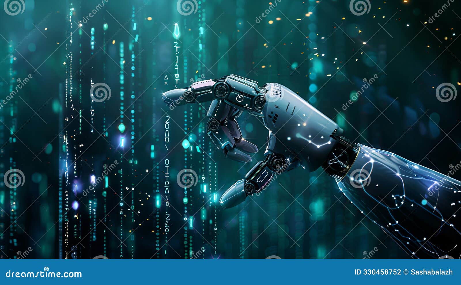 Humanoid Robot Hand in Cyberspace with Running Numbers and Letters ...