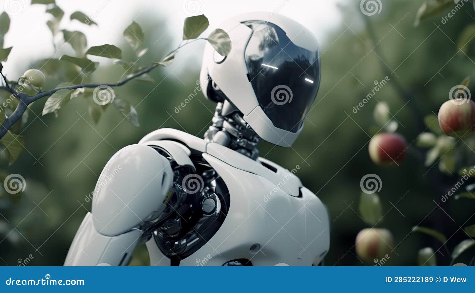 A Humanoid Robot Harvests Apples in the Garden. Stock Illustration ...