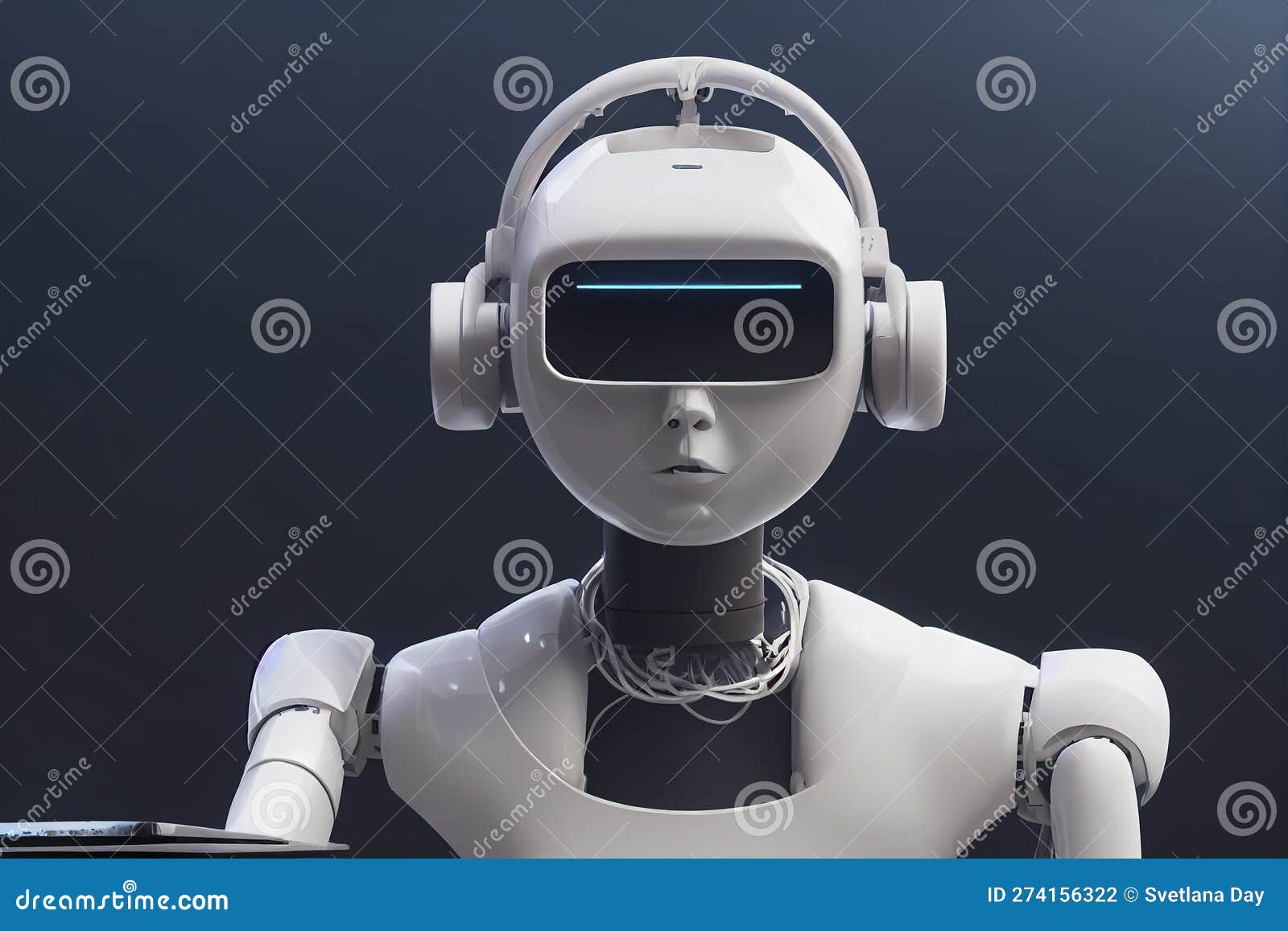 Humanoid Robot with a Headset and a Laptop, Generative AI Illustration ...