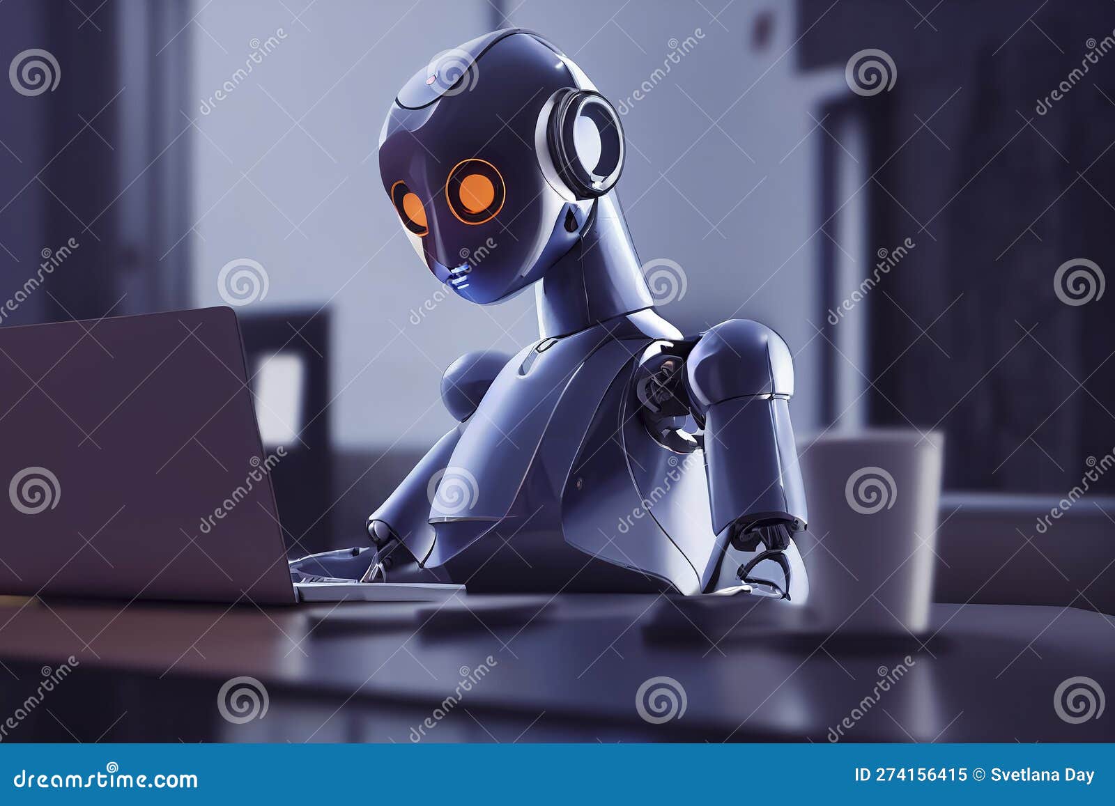 Humanoid Robot with a Headset and a Laptop, Generative AI Illustration ...