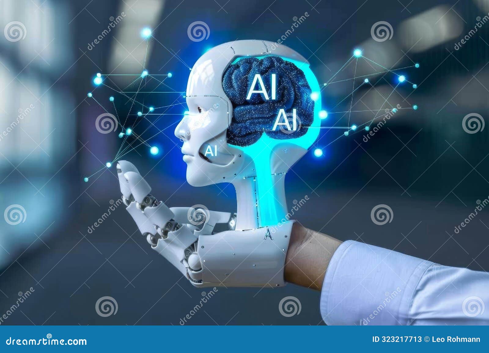Humanoid Robot Holding a Digital AI Brain, Symbolizing the Integration ...