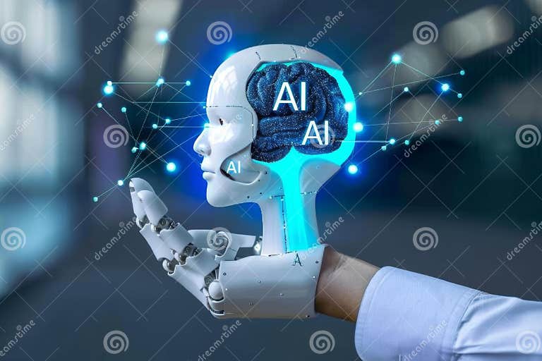 Humanoid Robot Holding a Digital AI Brain, Symbolizing the Integration ...