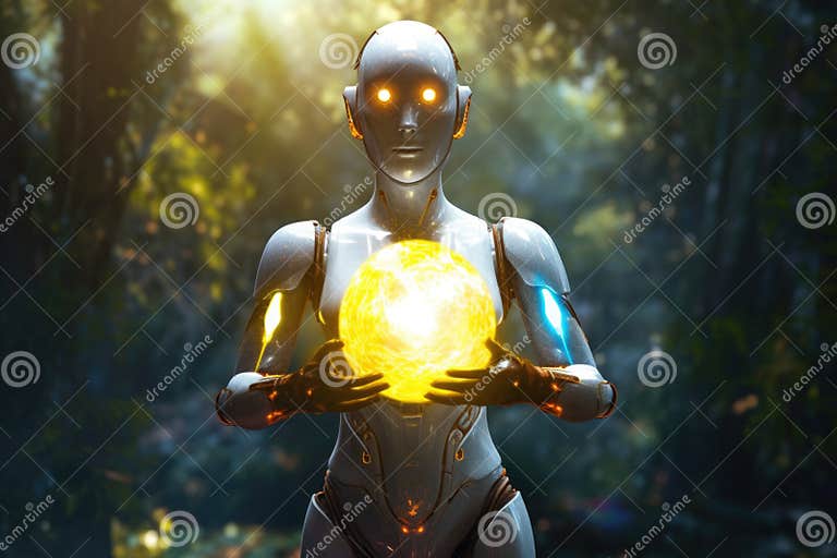 Humanoid Robot Holding a Glowing Energy Source Stock Image - Image of ...
