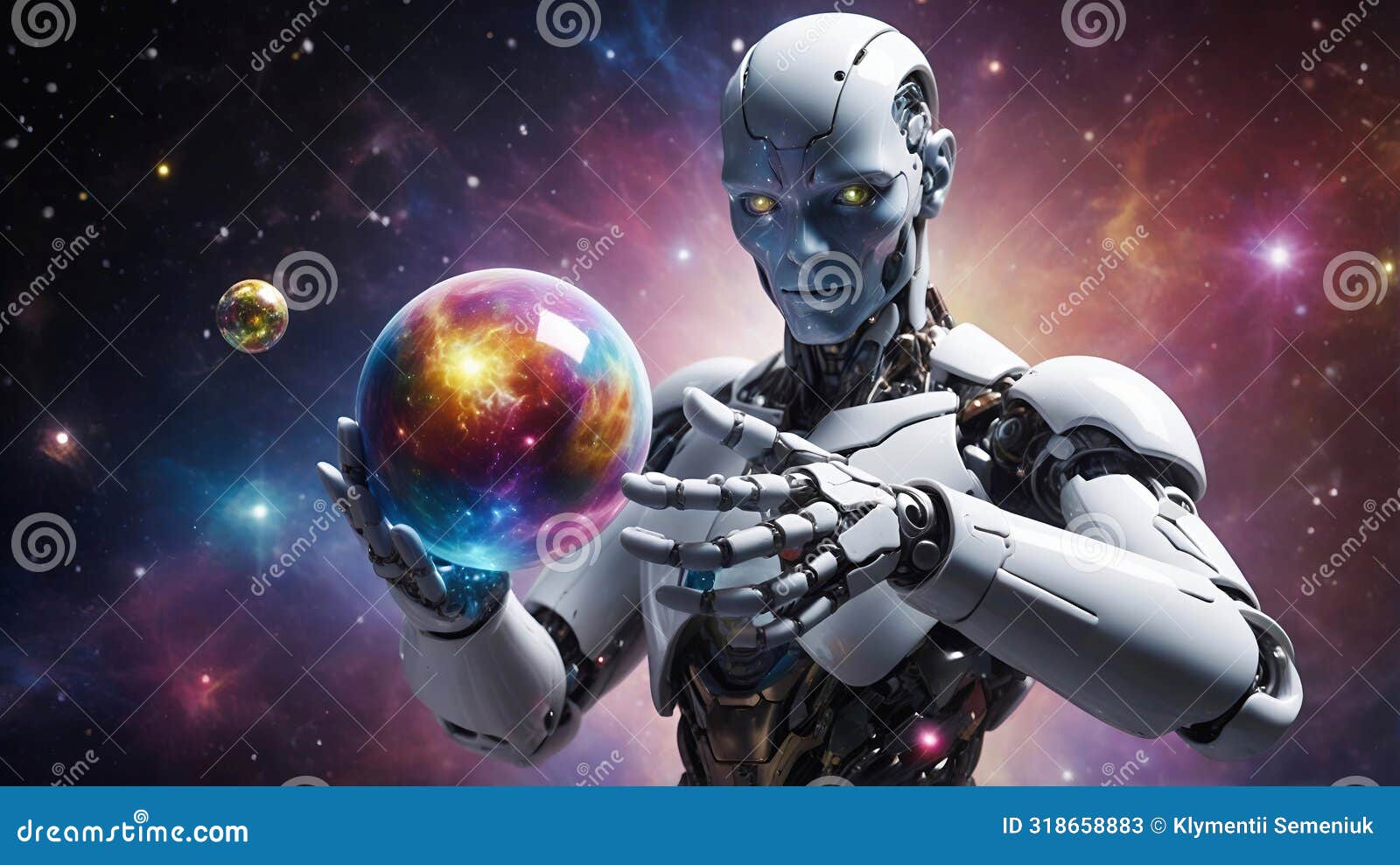 Humanoid Robot Holding a Holographic Projection of Planet Earth in His ...
