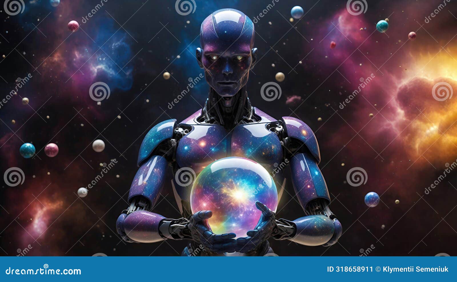 Humanoid Robot Holding a Holographic Projection of Planet Earth in His ...