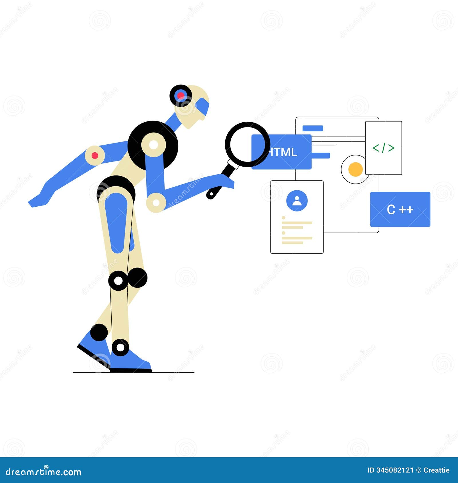 Robot Analyzing Programming Languages In Flat Vector Illustration Symbolizing Ai In Coding And