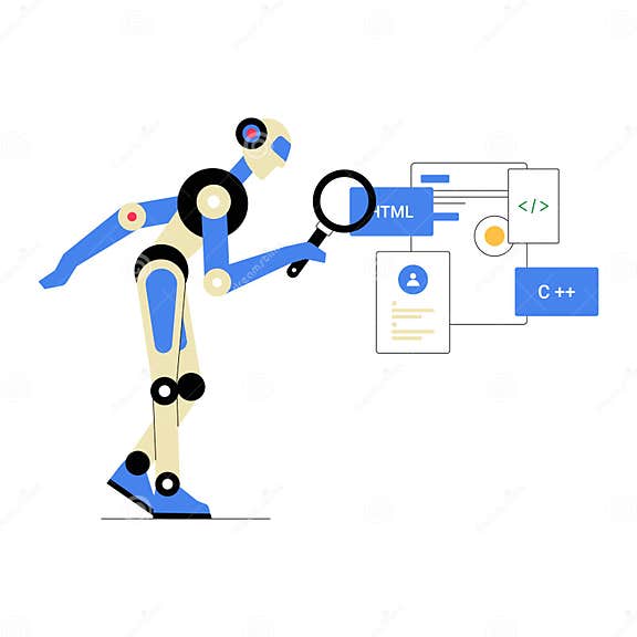 Robot Analyzing Programming Languages in Flat Vector Illustration ...