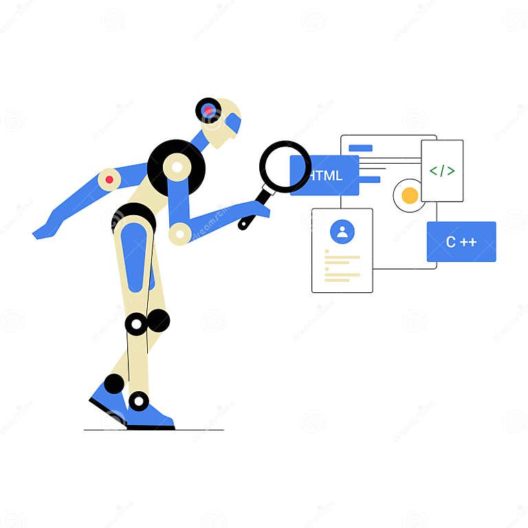 Robot Analyzing Programming Languages in Flat Vector Illustration ...