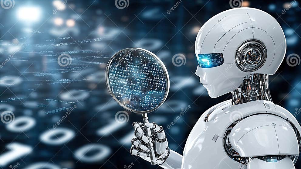 A Humanoid Robot Inspects Data with a Magnifying Glass, Surrounded by ...