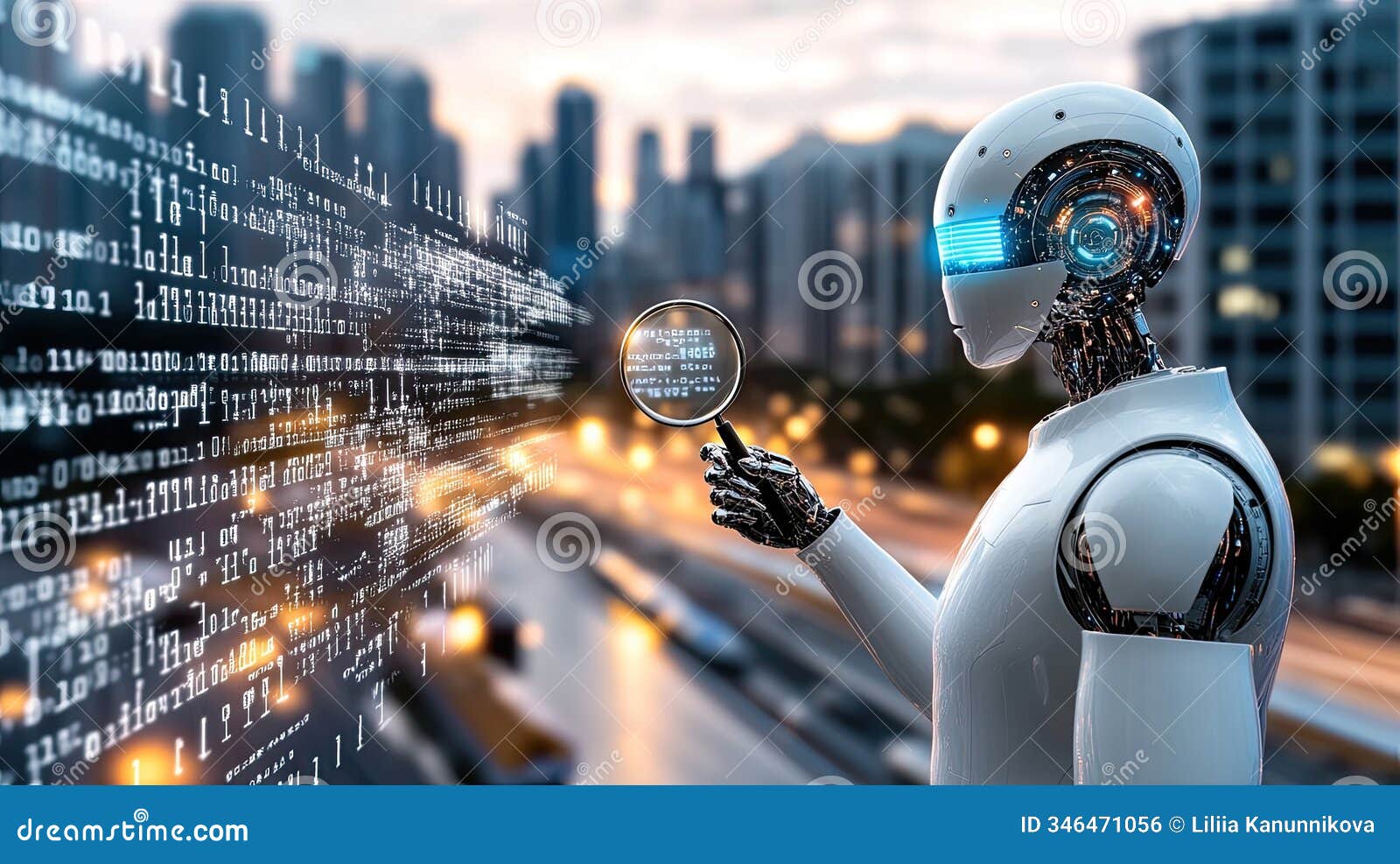A Humanoid Robot Inspects Data with a Magnifying Glass, Surrounded by ...