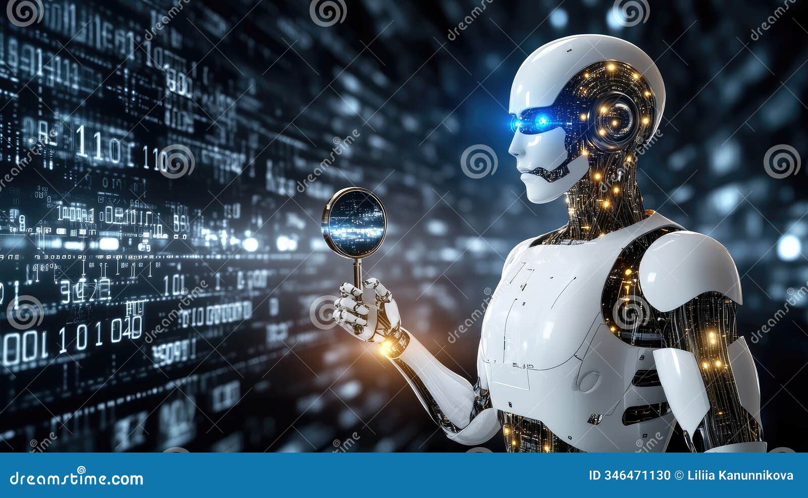 A Humanoid Robot Inspects Data with a Magnifying Glass, Surrounded by ...