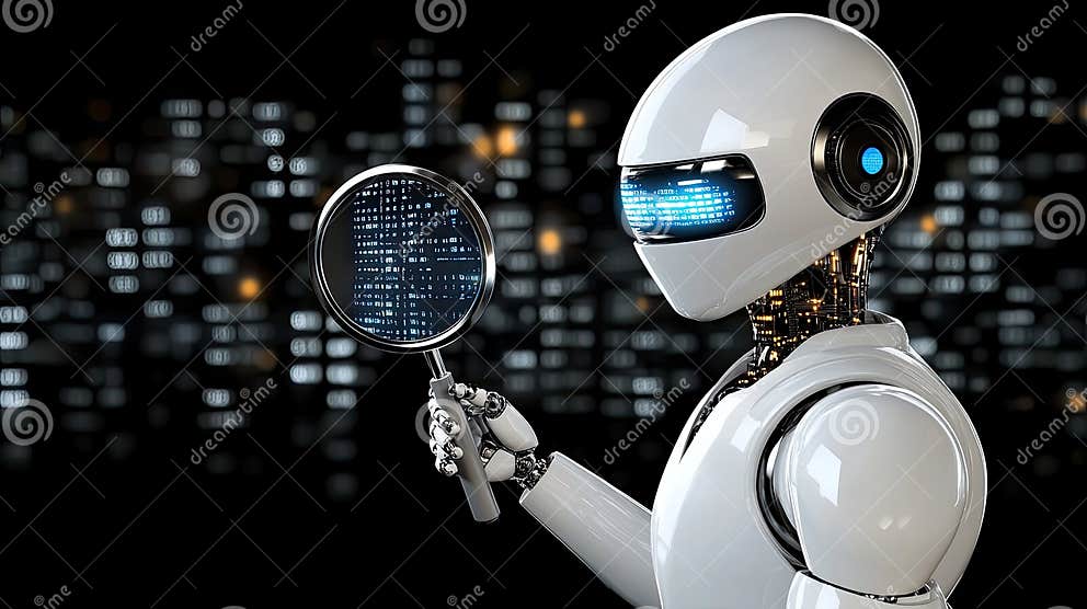 A Humanoid Robot Inspects Data with a Magnifying Glass, Surrounded by ...