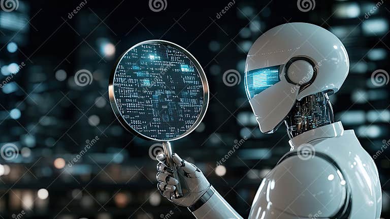 A Humanoid Robot Inspects Data with a Magnifying Glass, Surrounded by ...