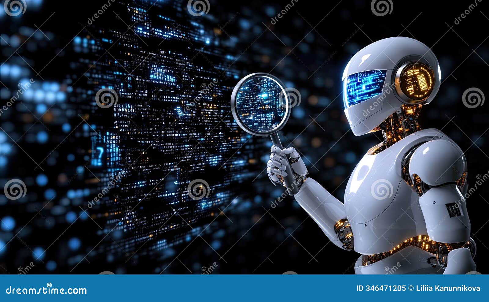 A Humanoid Robot Inspects Data with a Magnifying Glass, Surrounded by ...