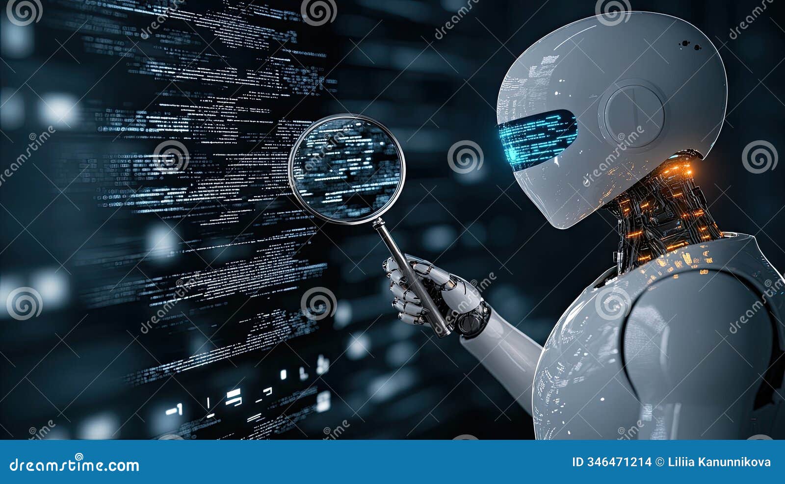 A Humanoid Robot Inspects Data with a Magnifying Glass, Surrounded by ...