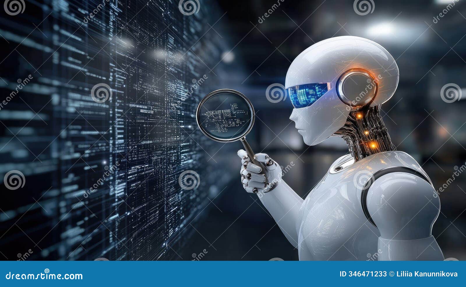A Humanoid Robot Inspects Data with a Magnifying Glass, Surrounded by ...
