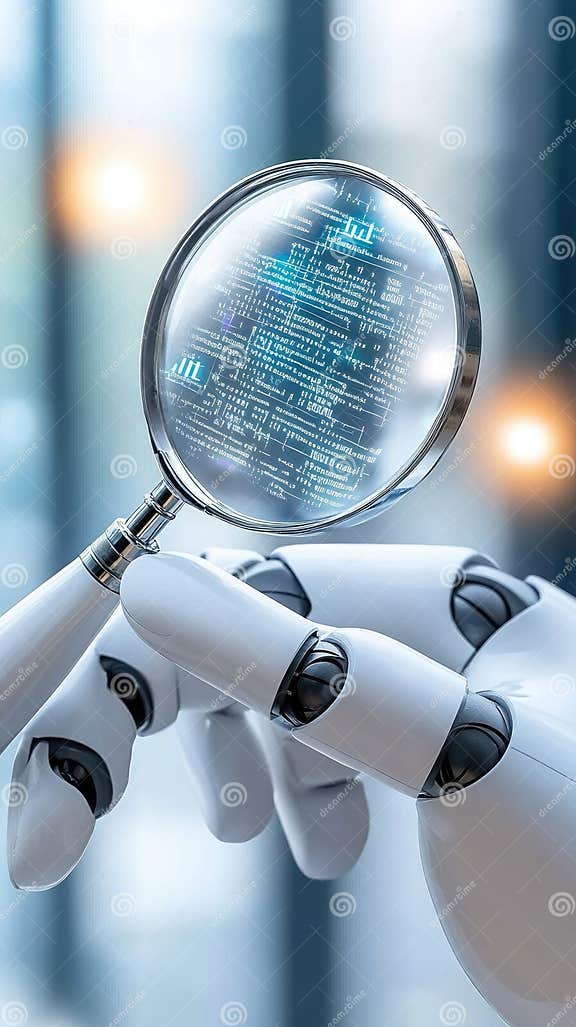 A Humanoid Robot Inspects Data with a Magnifying Glass, Surrounded by ...