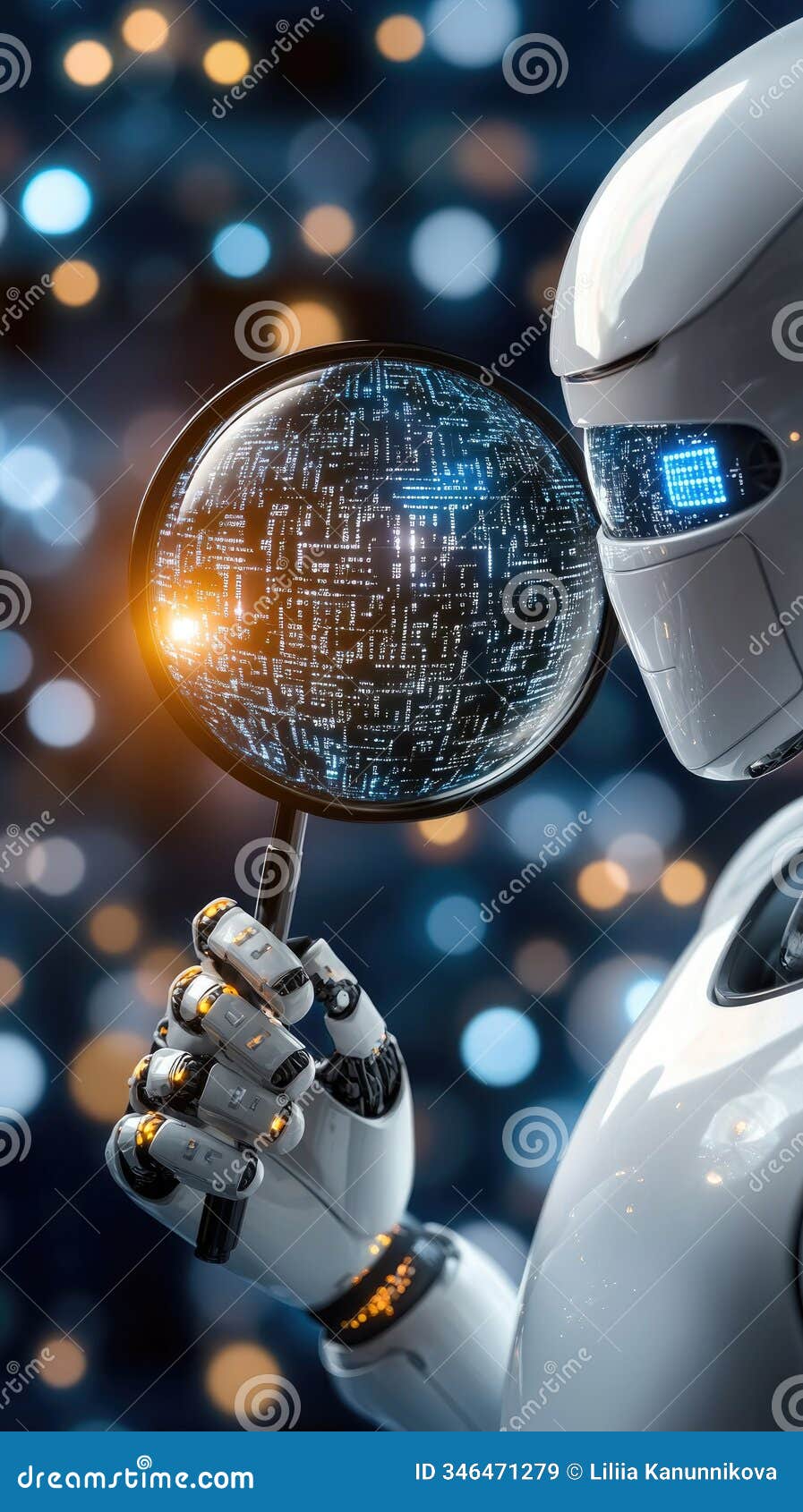 A Humanoid Robot Inspects Data with a Magnifying Glass, Surrounded by ...
