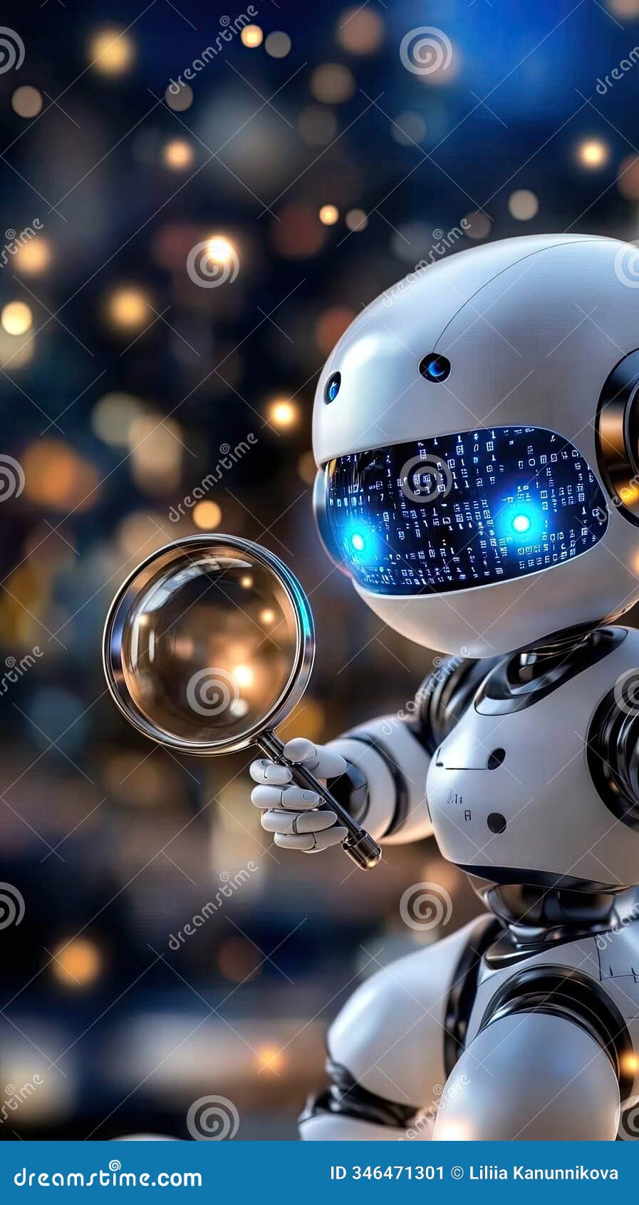 A Humanoid Robot Inspects Data with a Magnifying Glass, Surrounded by ...