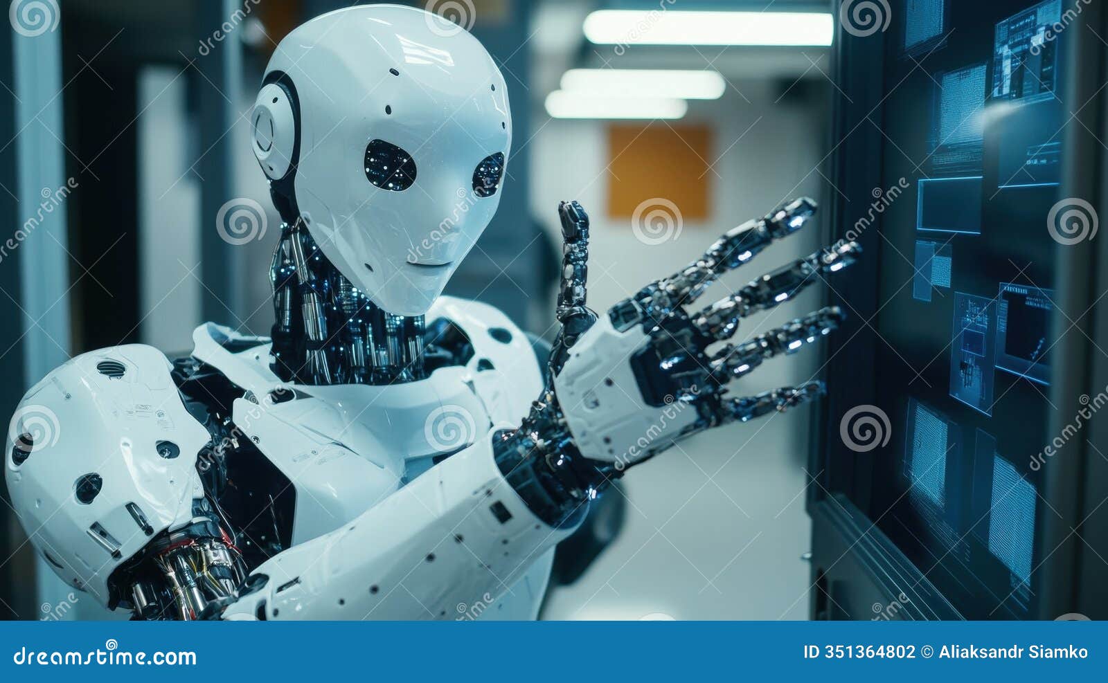 Humanoid Robot Interacting with a Digital Display Screen Stock ...