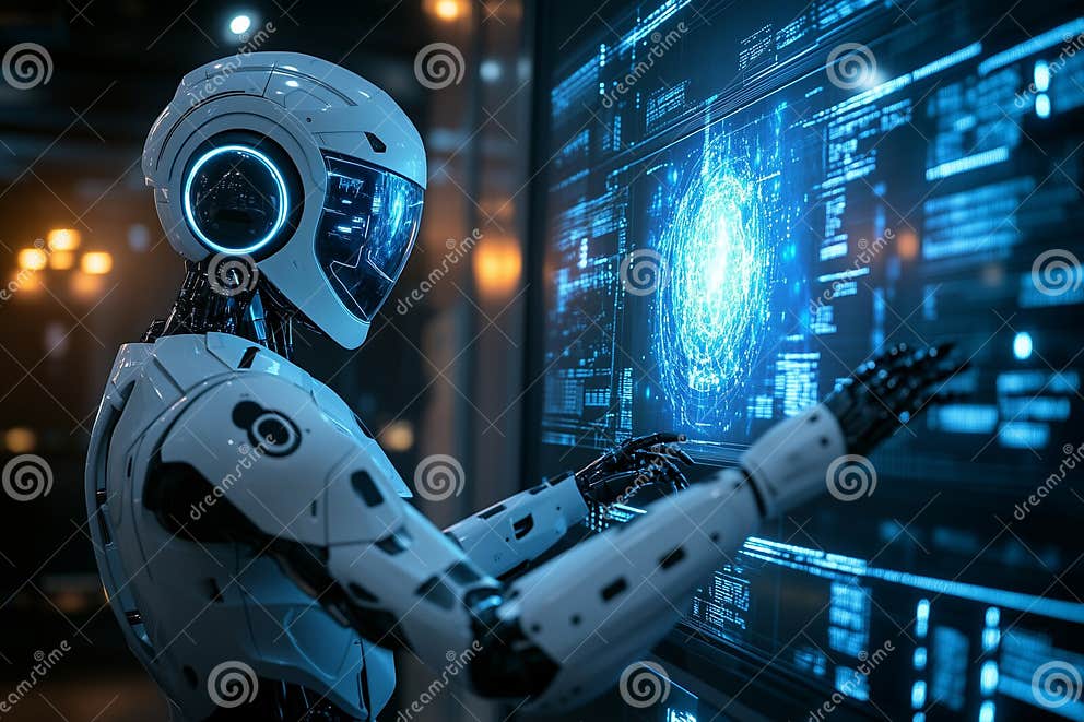 Humanoid Robot Interacting with Holographic Interface, AI Generated ... Humanoid Robot Interacting with Holographic Interface, AI Generated ...