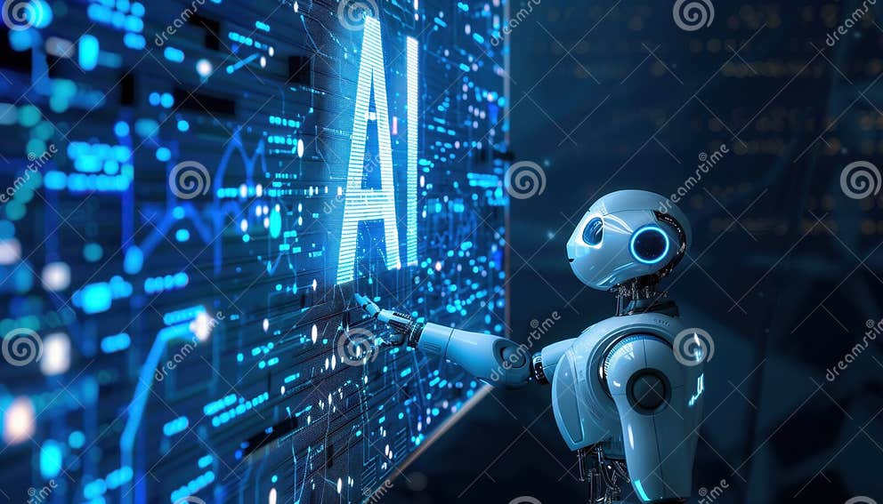 A Humanoid Robot Interacts with a Digital Interface Displaying Artificial Intelligence Data ...