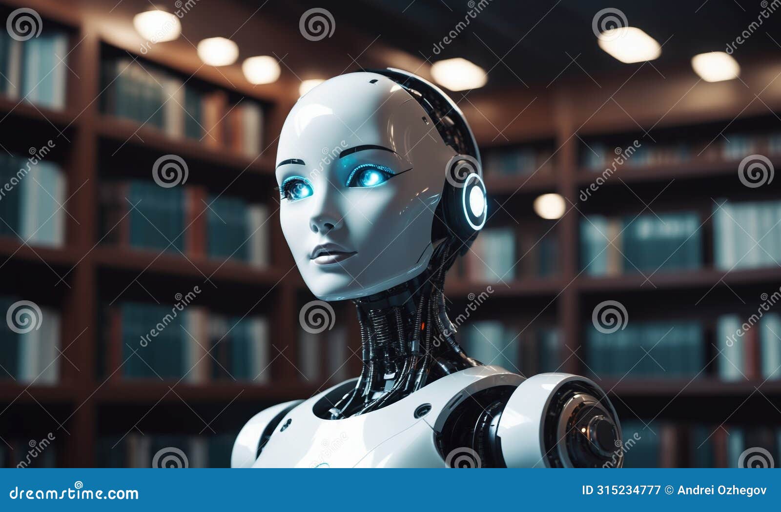 Humanoid robot in library stock illustration. Illustration of clever ...