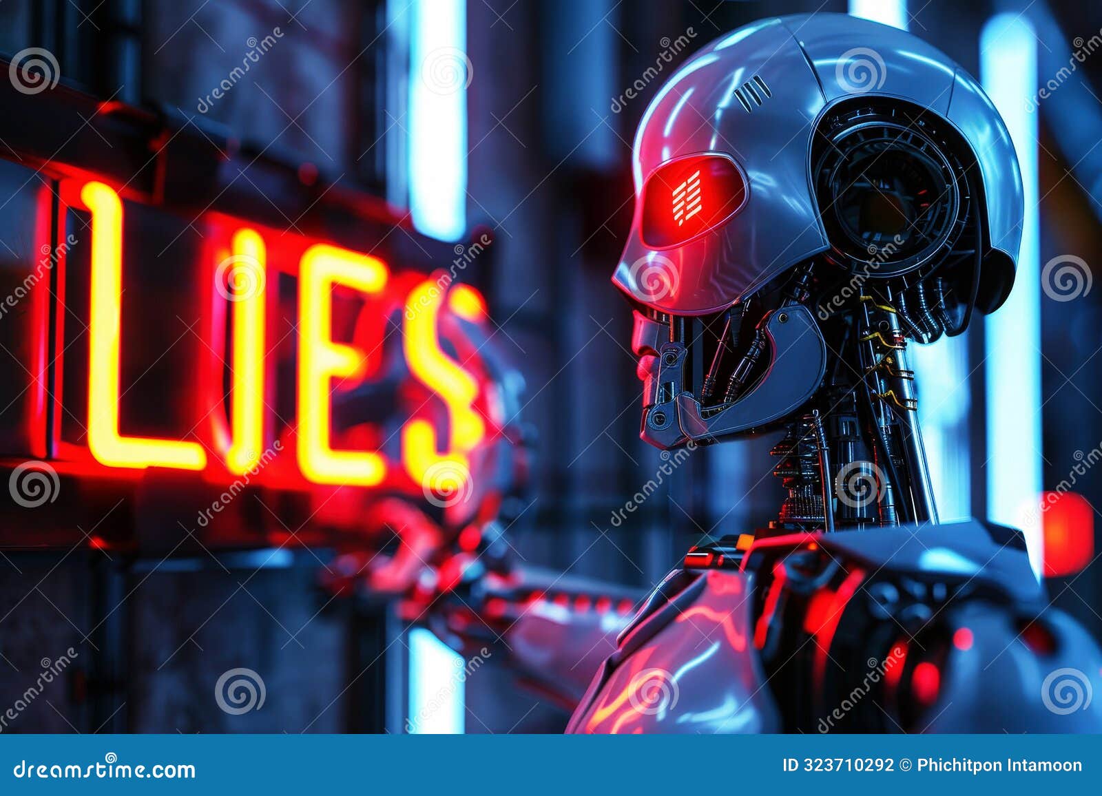 Humanoid Robot with Lies Text. Symbol of Lies Concept Stock ...