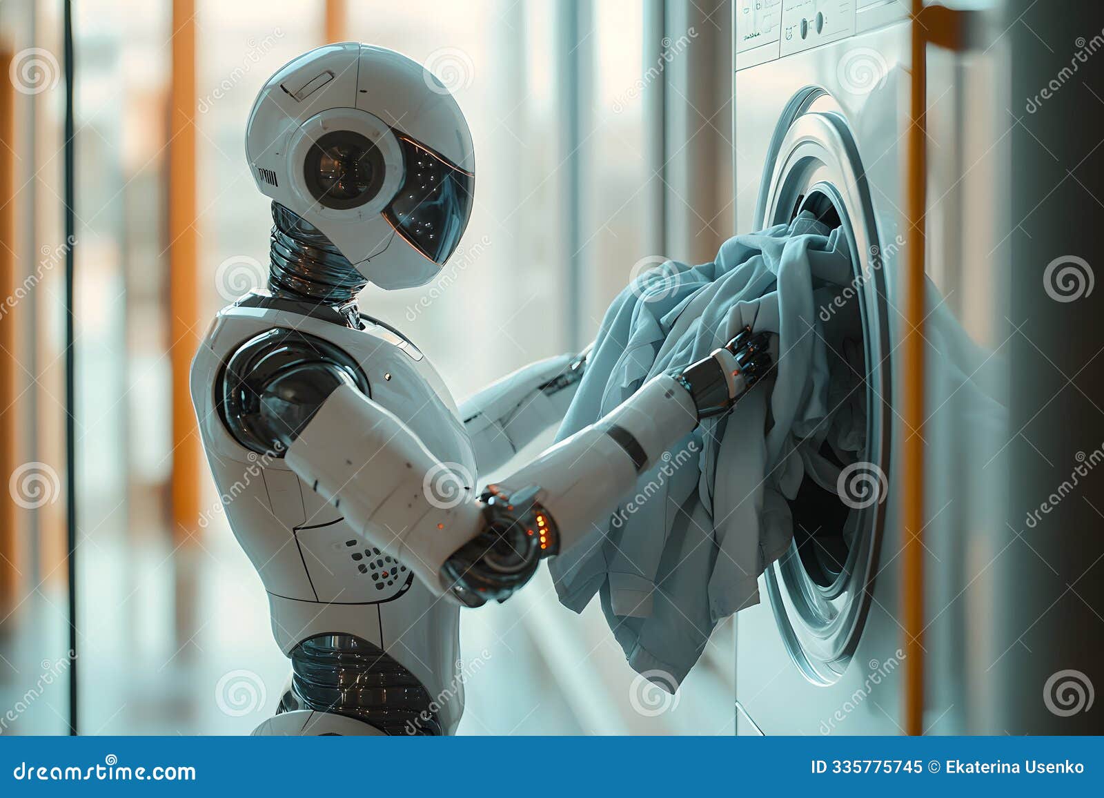 Humanoid Robot Loading Clothes into Washing Machine Stock Image - Image ...