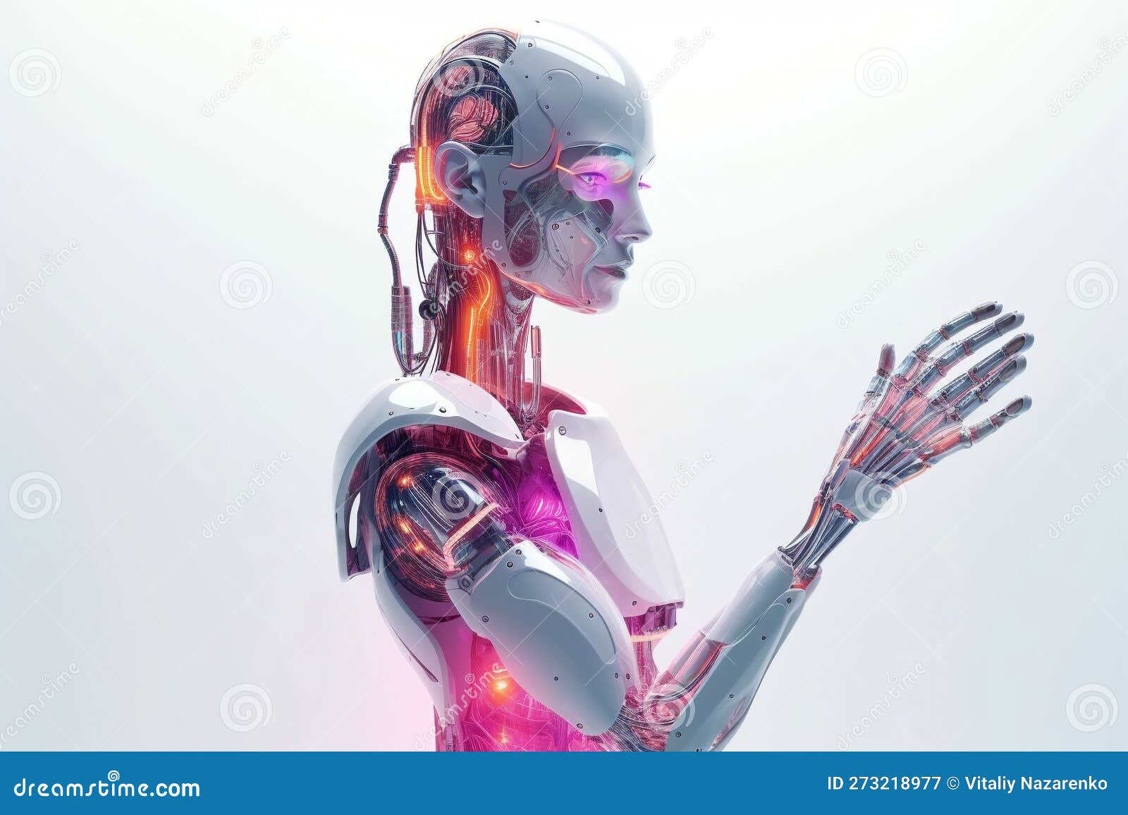 The Humanoid Robot Looks at Its Hand. on a White Background Stock ...