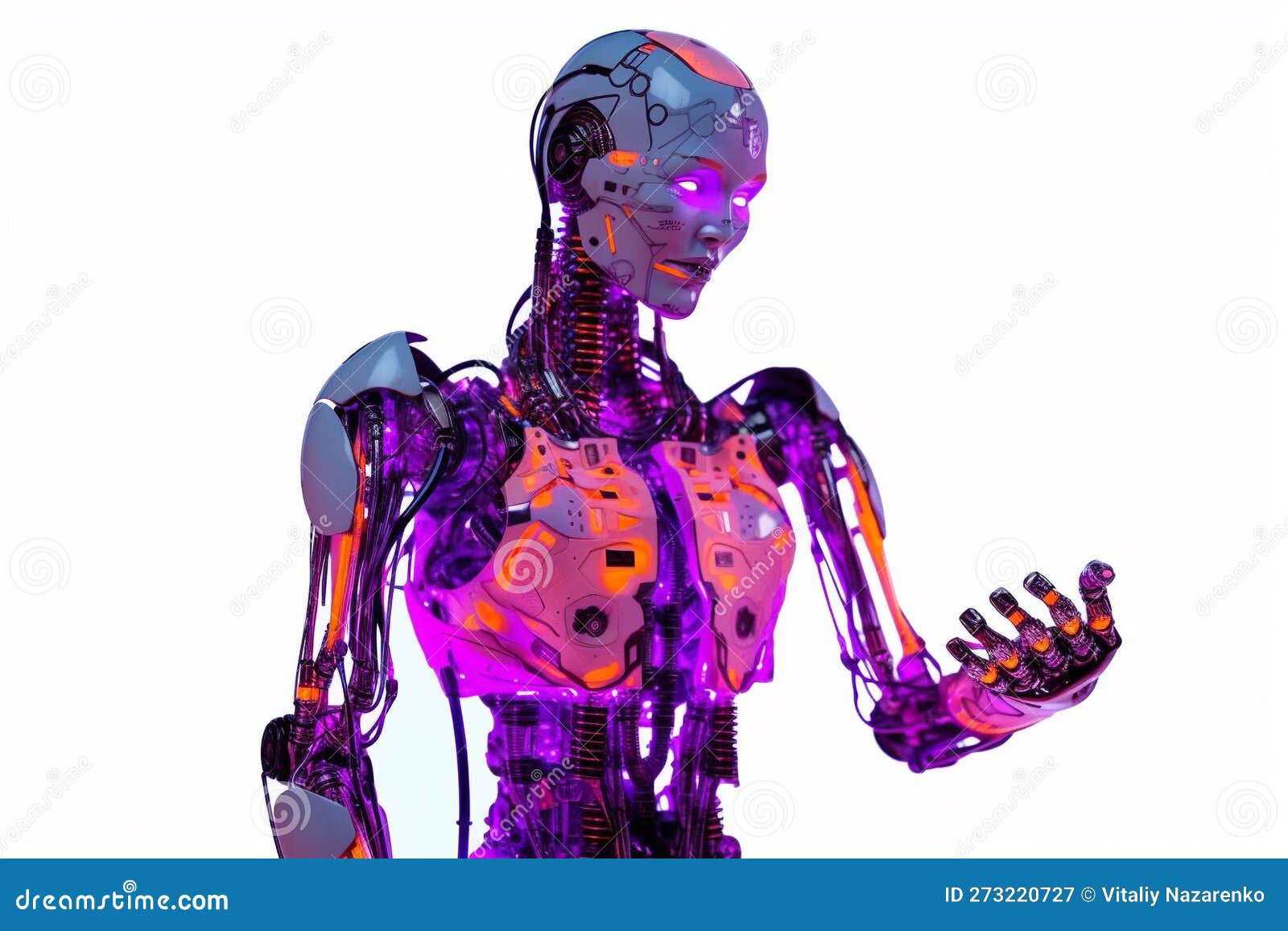 The Humanoid Robot Looks at Its Hand. on a White Background Stock ...