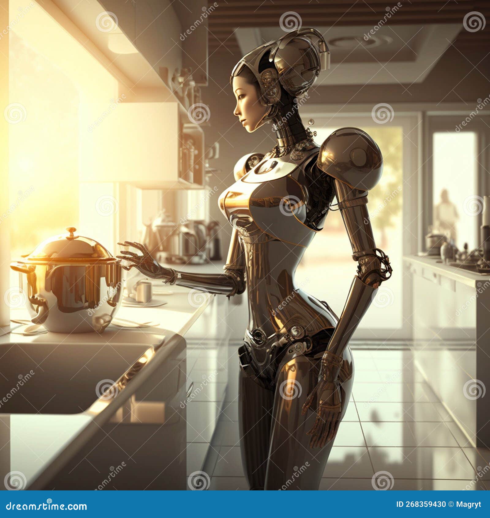 Humanoid Robot Maid Serving In Kitchen Robotic Assistant Android Housekeeper Helping In