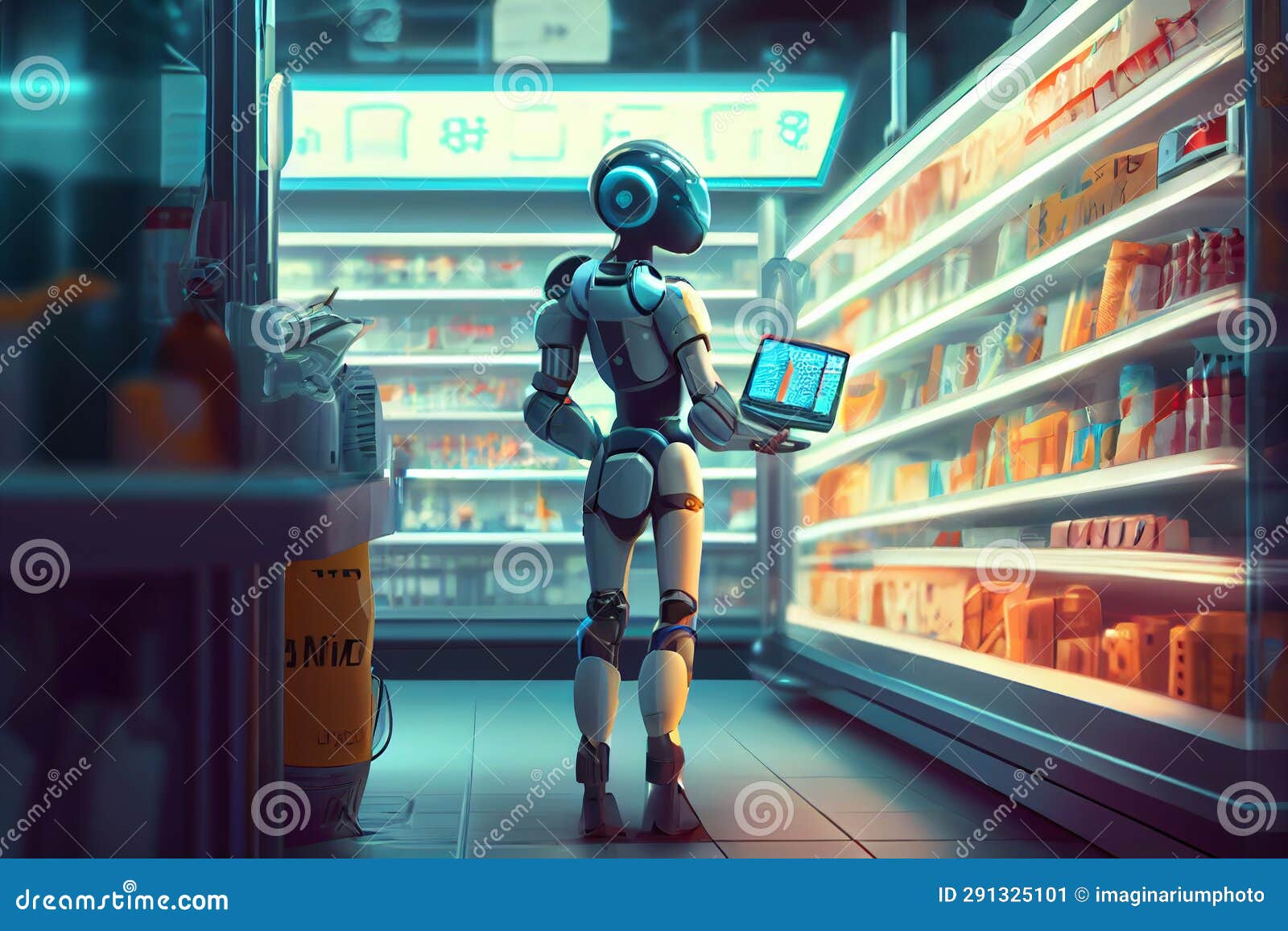 Humanoid Robot Makes Purchases in the Grocery Store. Future Concept ...