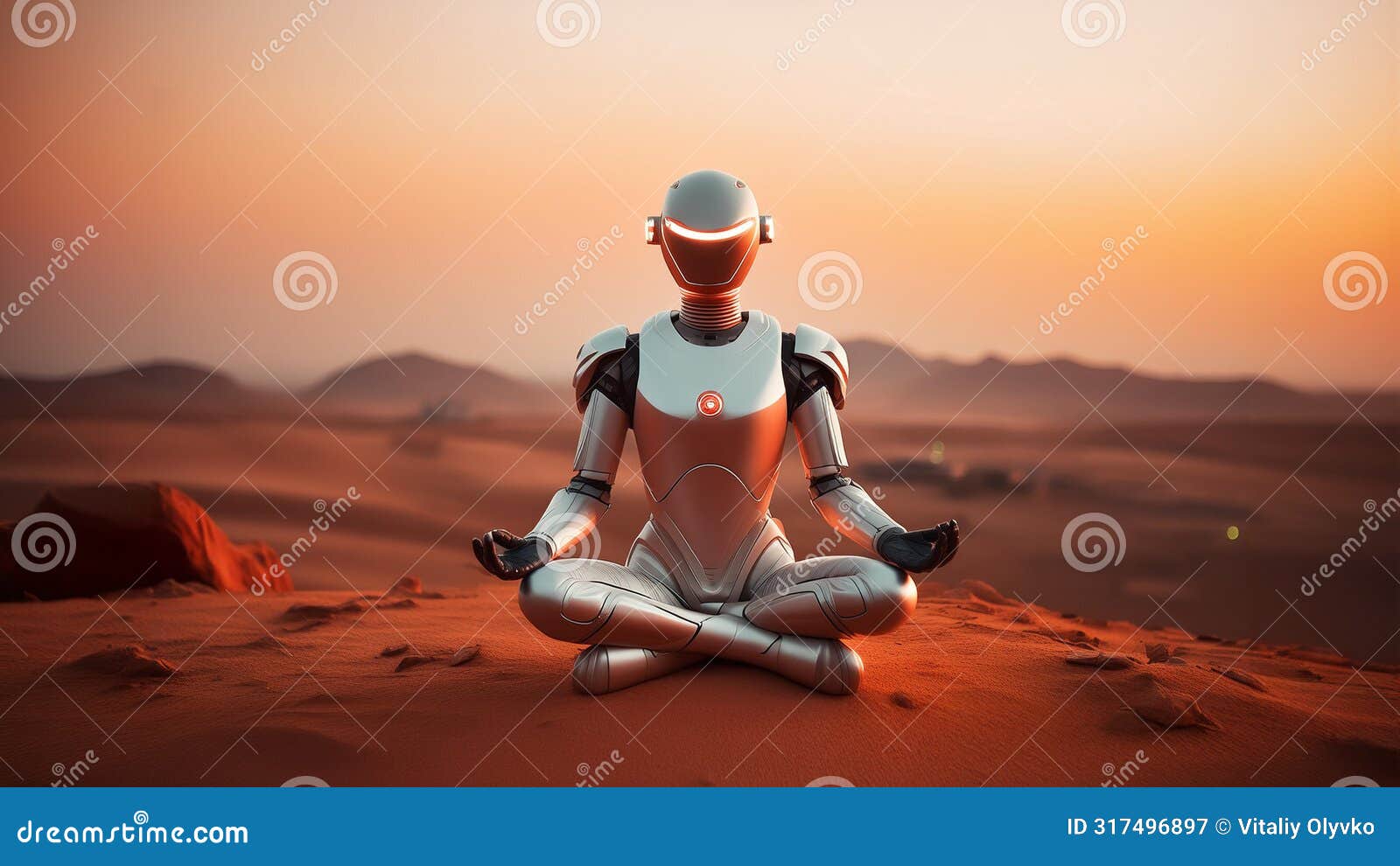 Humanoid Robot Meditates On Mars In A Lotus Position Royalty-Free Stock ...