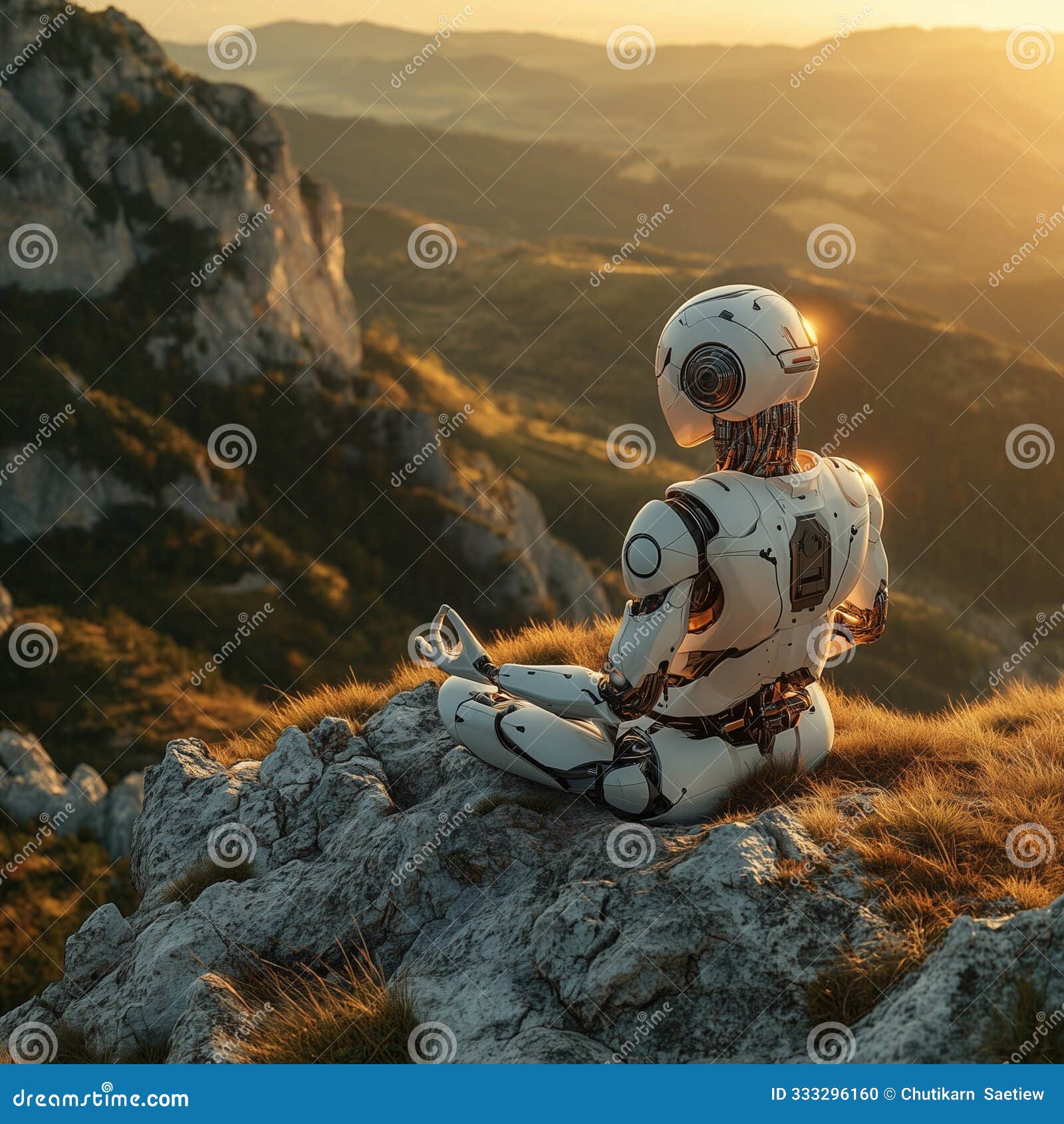 Humanoid Robot Meditating on a Mountain Peak at Sunrise, AI Generated ...