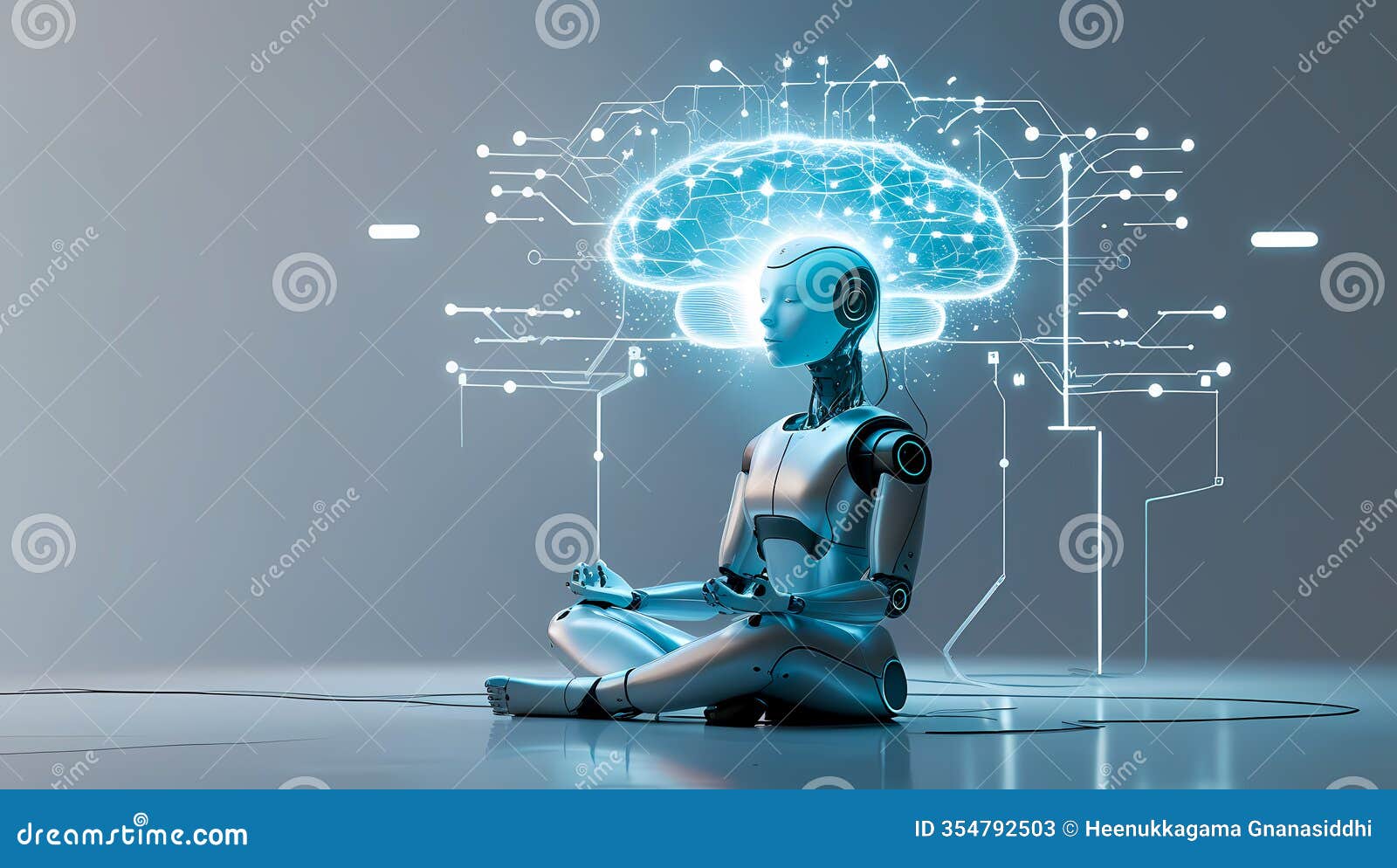 Humanoid Robot Meditating Under Glowing Neural Network Stock Image ...