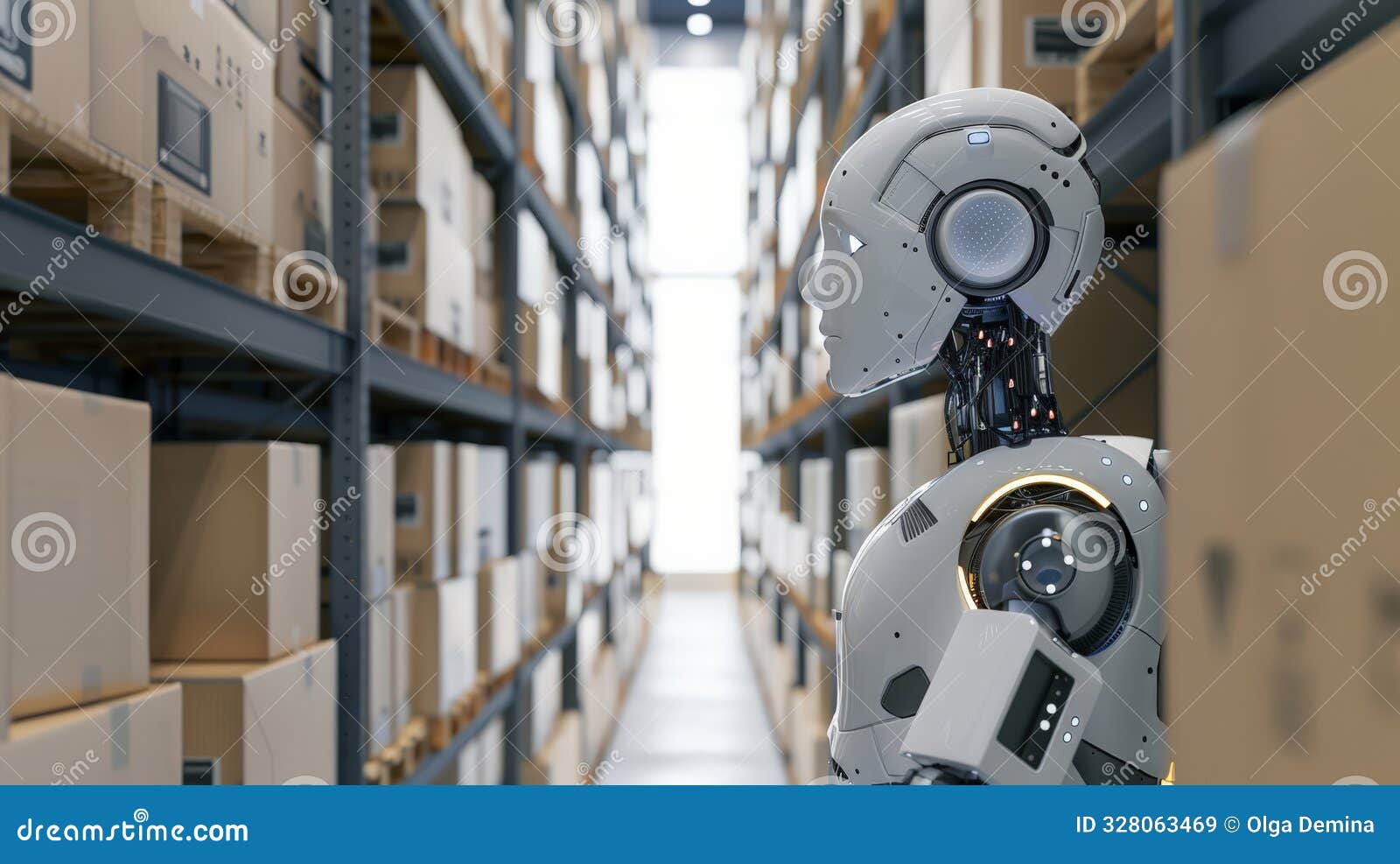 Humanoid Robot in a Modern Warehouse with Stacks of Boxes. Concept of ...