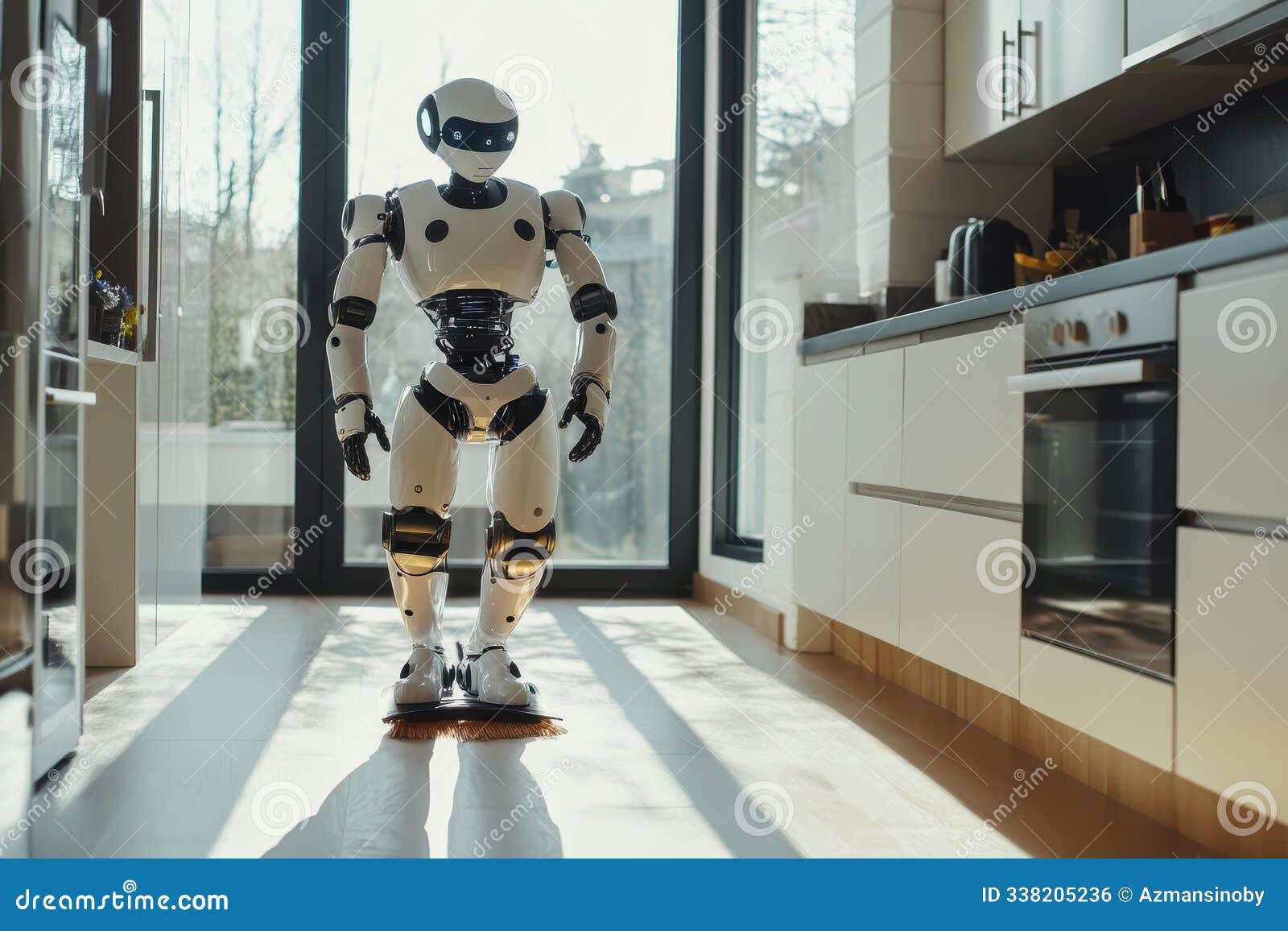 A Humanoid Robot Mops the Floor in a Modern Kitchen with Large Windows ...