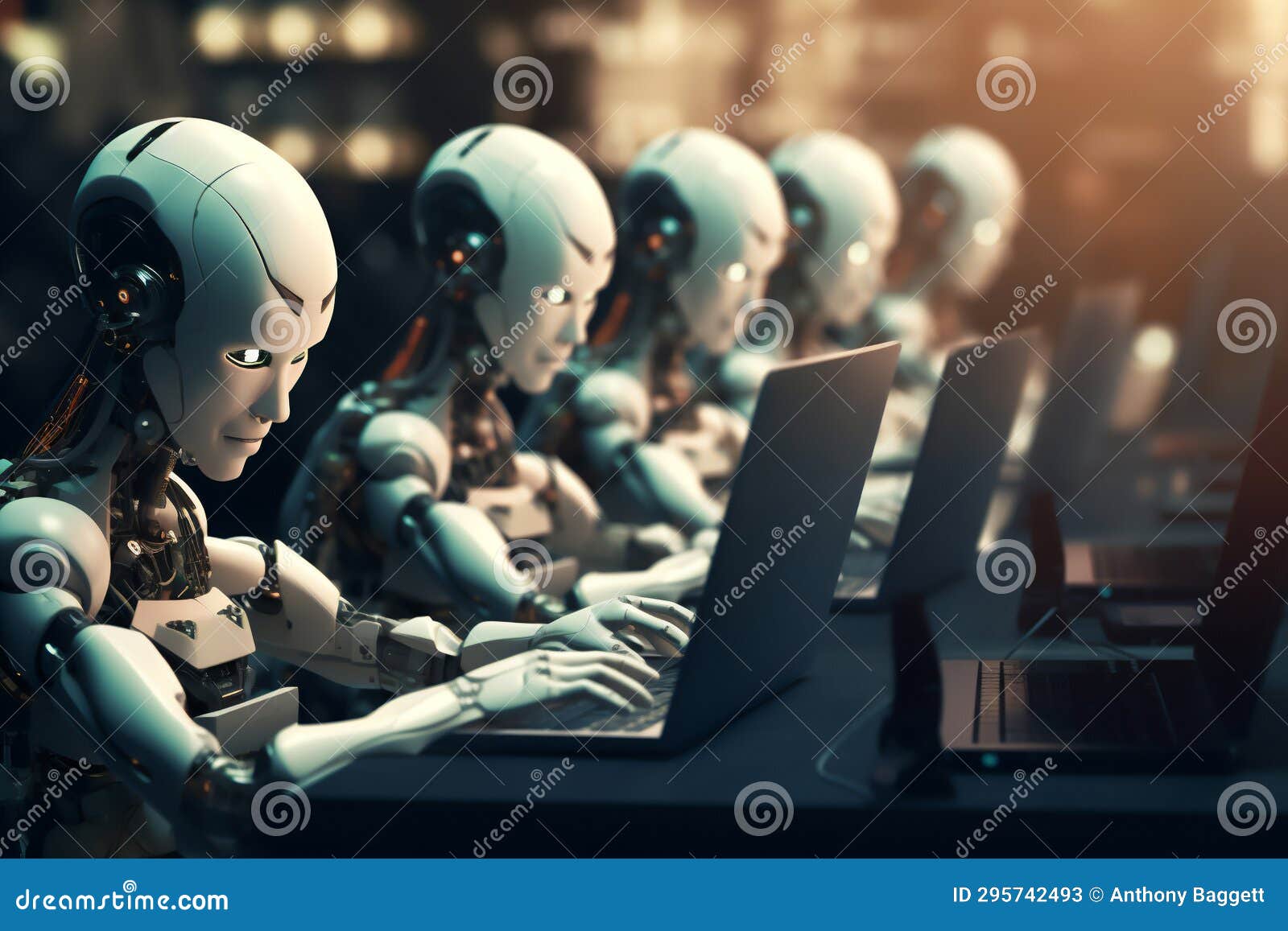 Humanoid Robot Office Workers Working in a Call Centre on a Laptop ...