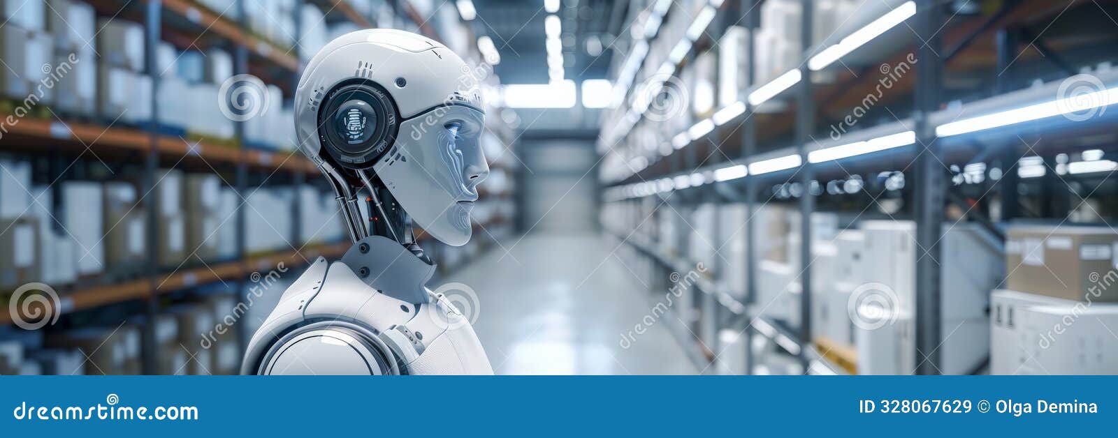 Humanoid Robot Operating in a Warehouse with Shelves of Boxes. Concept ...