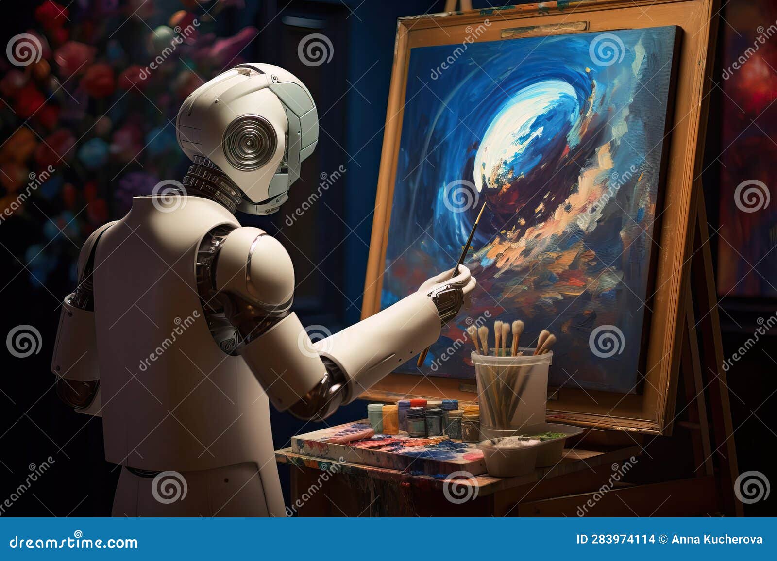 Humanoid Robot Painter Standing at an Easel in Studio Creating Art with ...