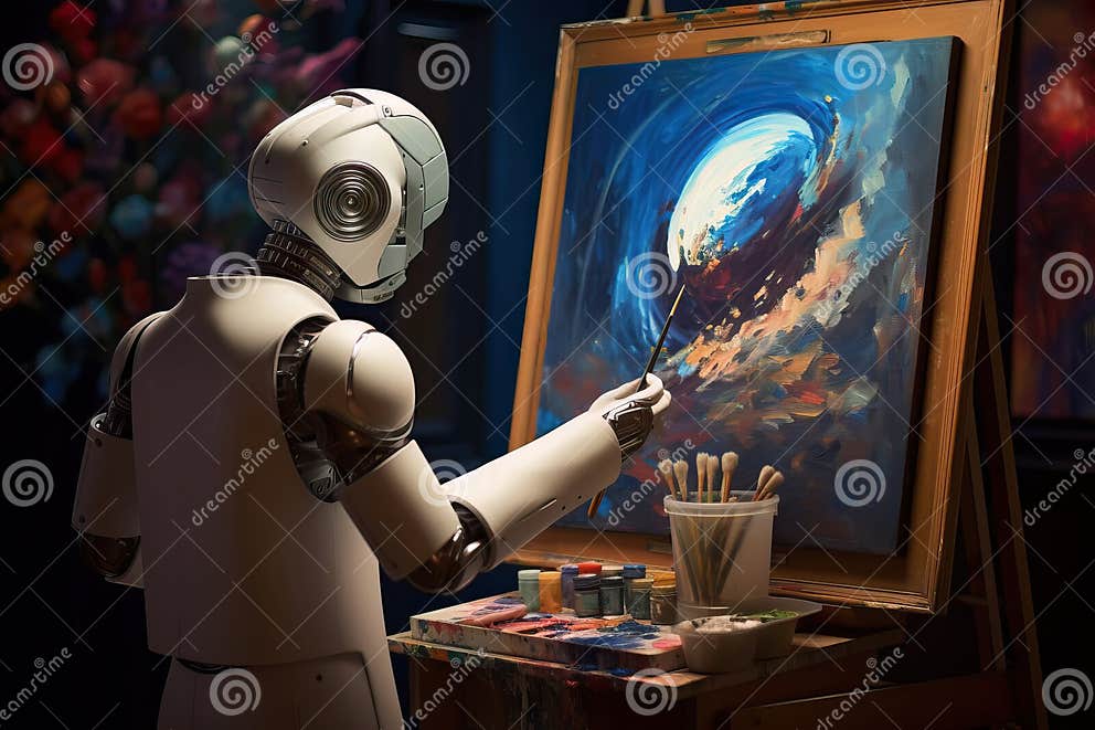 Humanoid Robot Painter Standing at an Easel in Studio Creating Art with ...