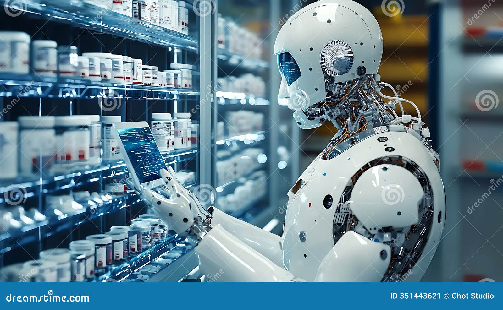 Humanoid Robot in Pharmacy Holding Tablet while Analyzing Medication ...