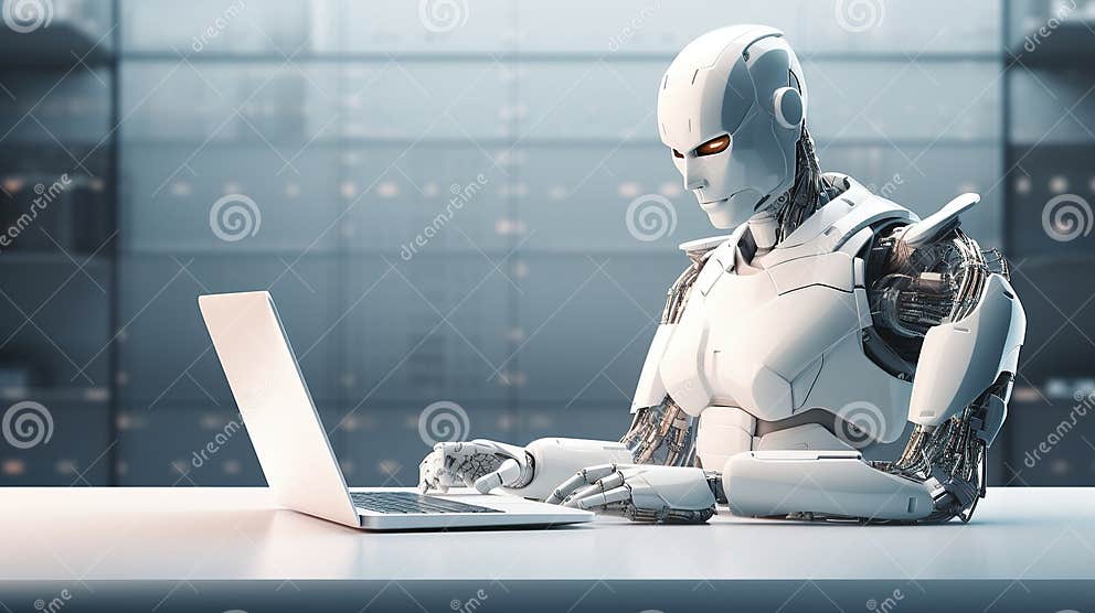 Humanoid Robot Programmer with Computer. Generative AI Stock ...