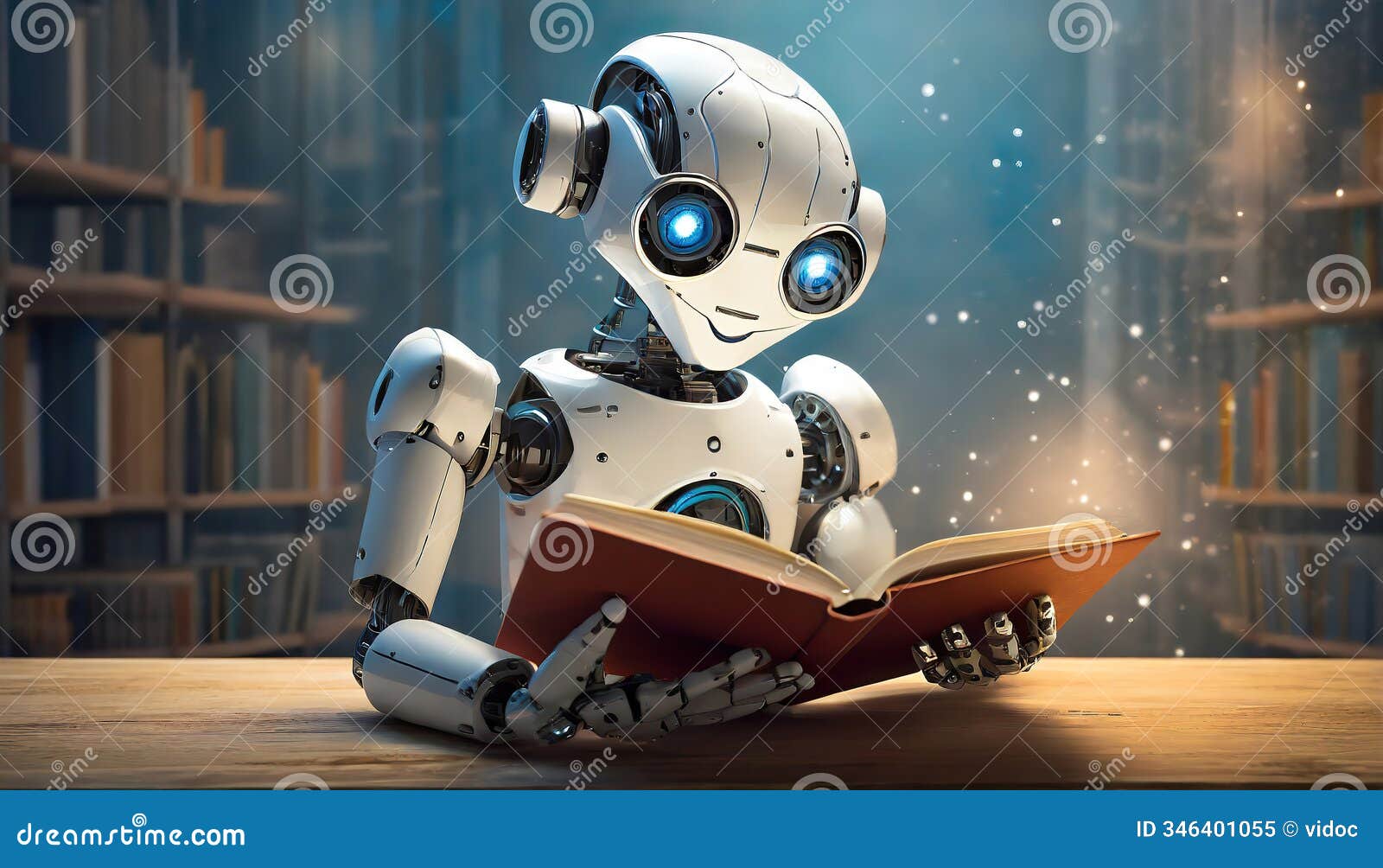A Humanoid Robot Reading a Book in a Library with Glowing Blue Eyes ...