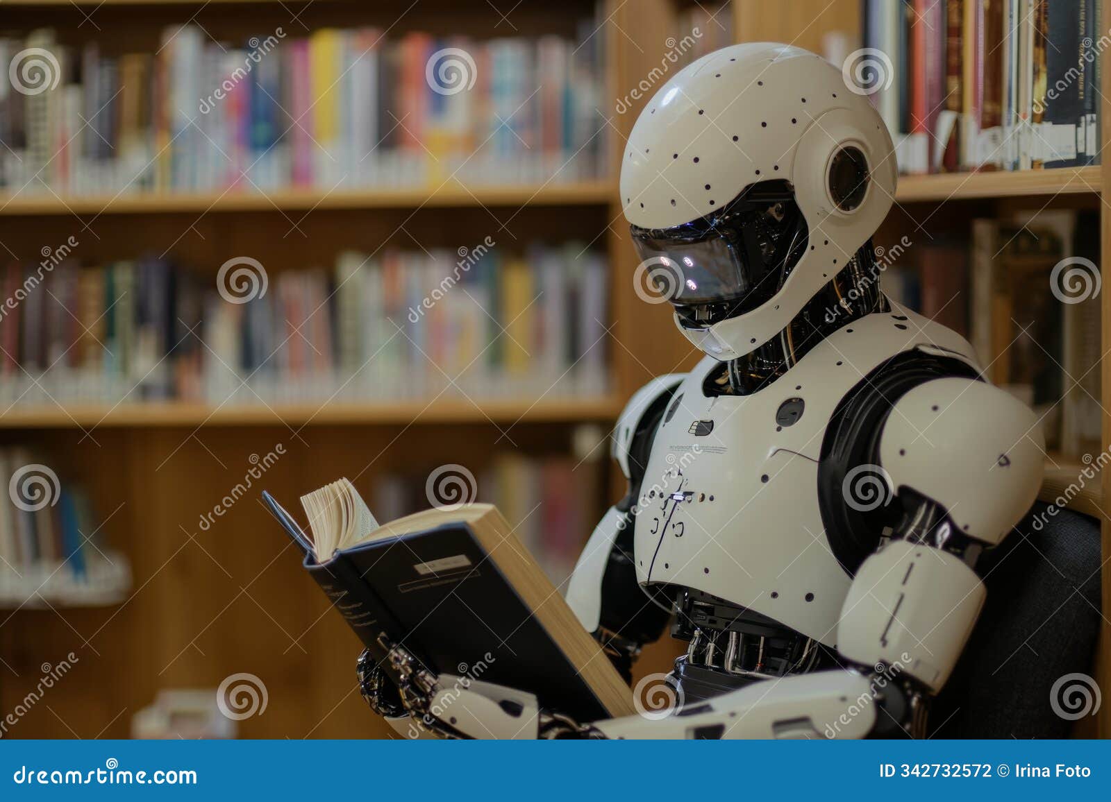 A Humanoid Robot Reading a Book in a Library, Showcasing Advanced AI ...