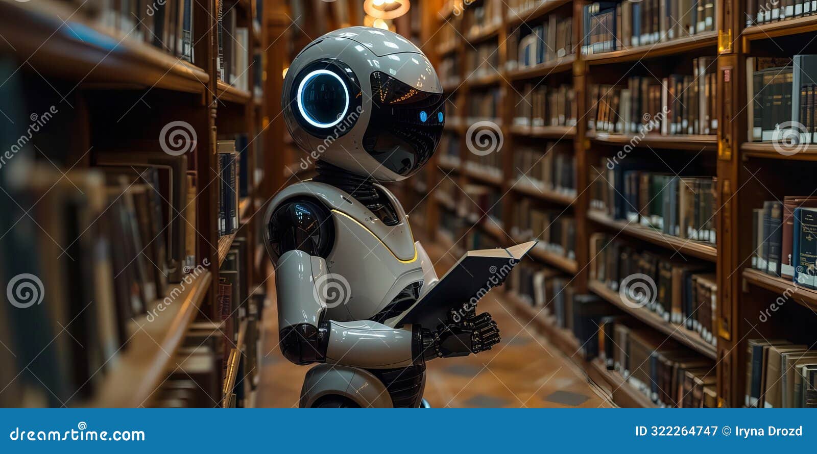 Humanoid Robot Reading a Book in a Library Surrounded by Shelves Filled ...