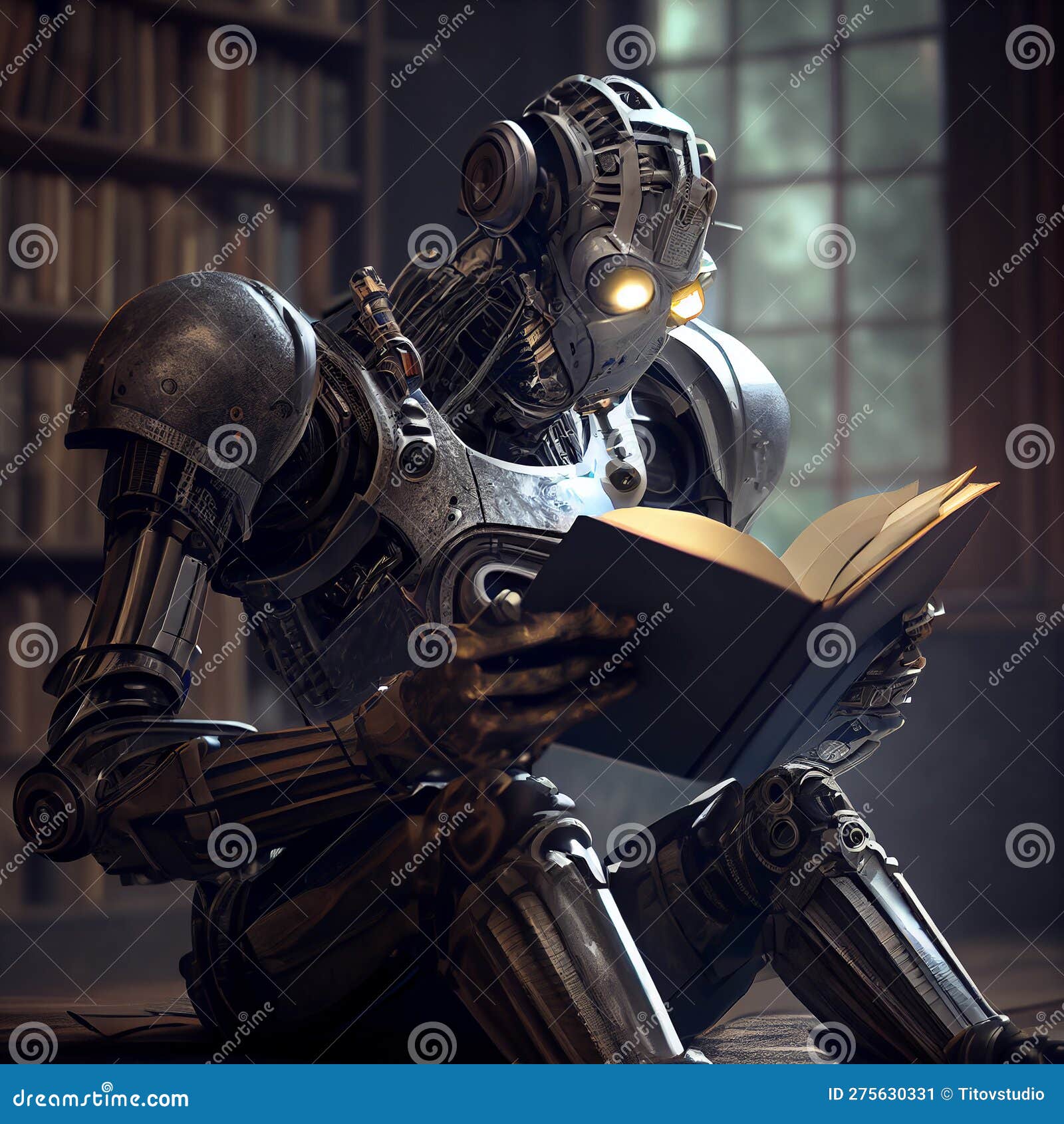 Humanoid Robot Reads a Book in the Library Stock Illustration ...