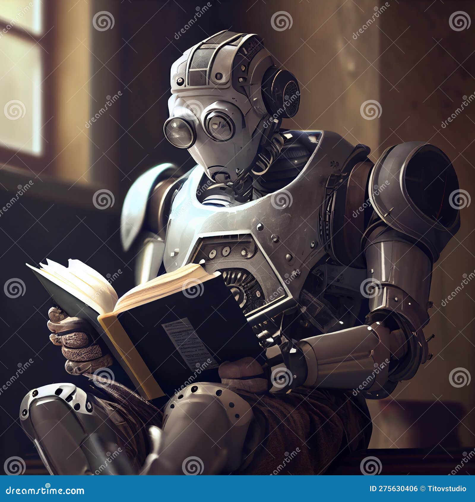 Humanoid Robot Reads a Book in the Library Stock Illustration ...