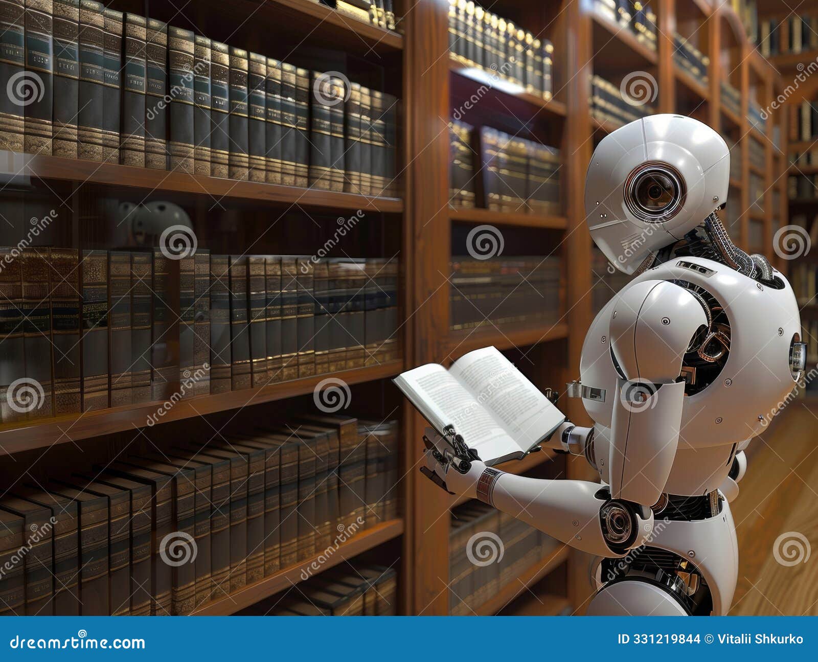 A Humanoid Robot Reads a Book in a Traditional Library, Symbolizing the ...